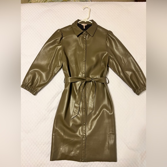 ESQUALO | Dresses | Esqualo Olive Green Faux Leather Front Snap Dress ...
